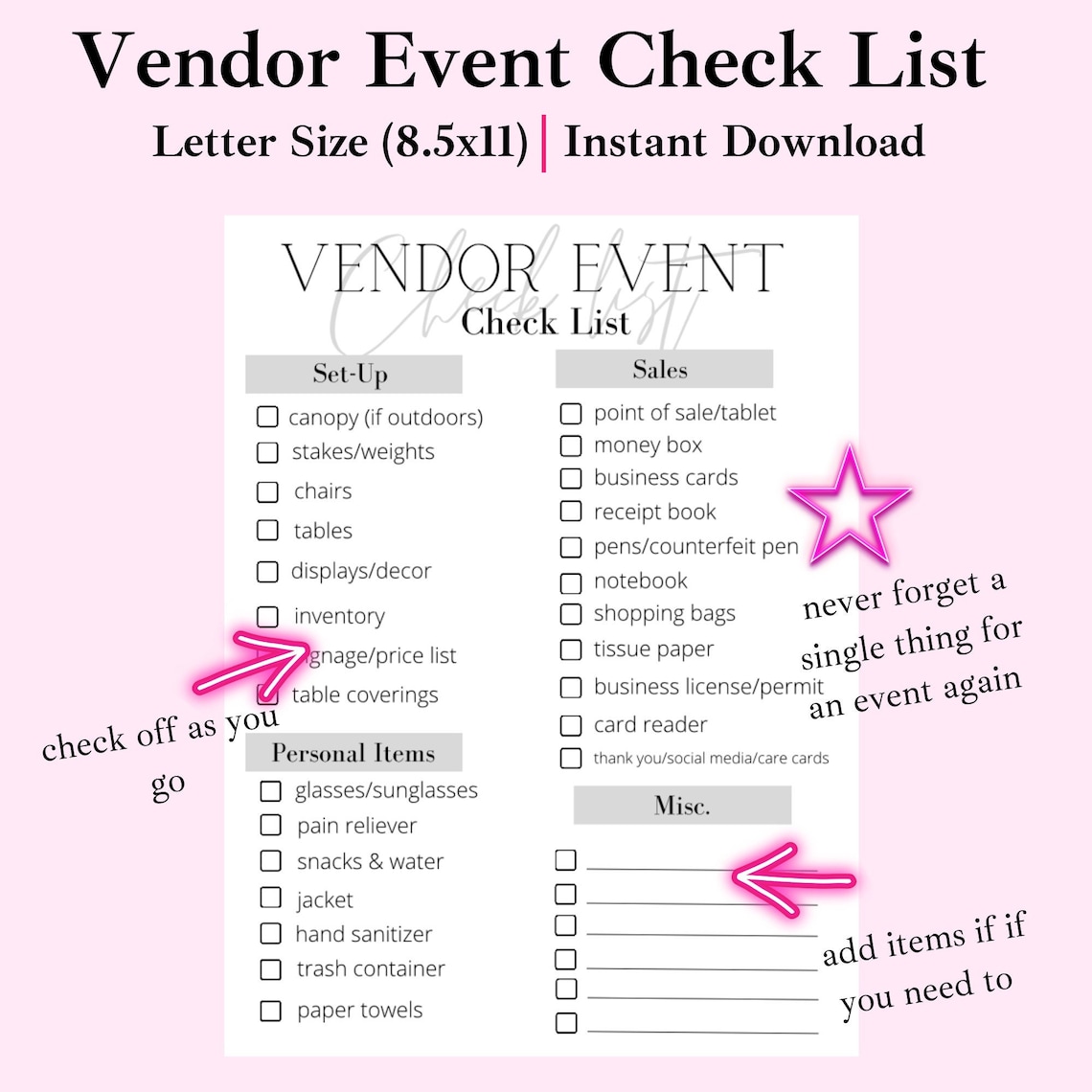 Vendor Event Checklist/printable Check List/pdf/digital Download ...