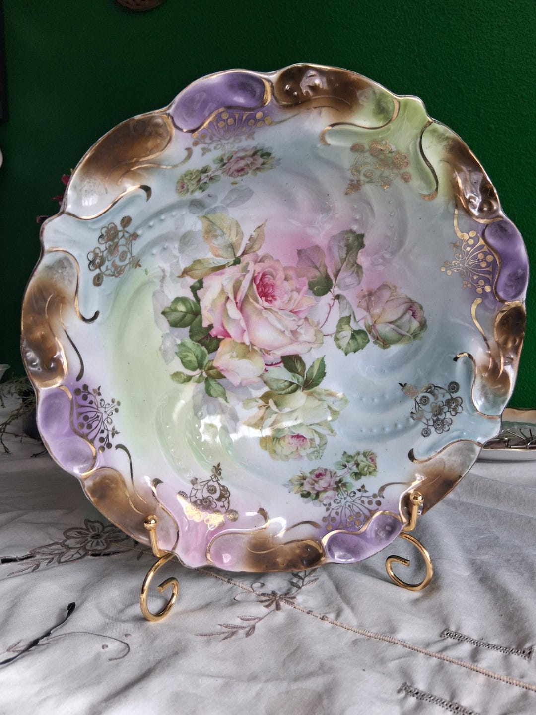 Antique Bavaria Germany Bowl Plate Victorian Pastel Roses Luster Gold ...