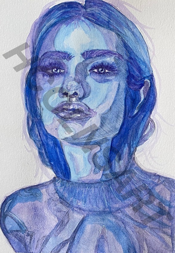 Blue Watercolor Portrait of A Woman 5x7 Giclée Art Print | Etsy