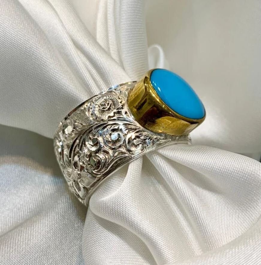 Men Feroza Rings Natural Turquoise Nishapuri Feroza Sterling Silver 925 ...