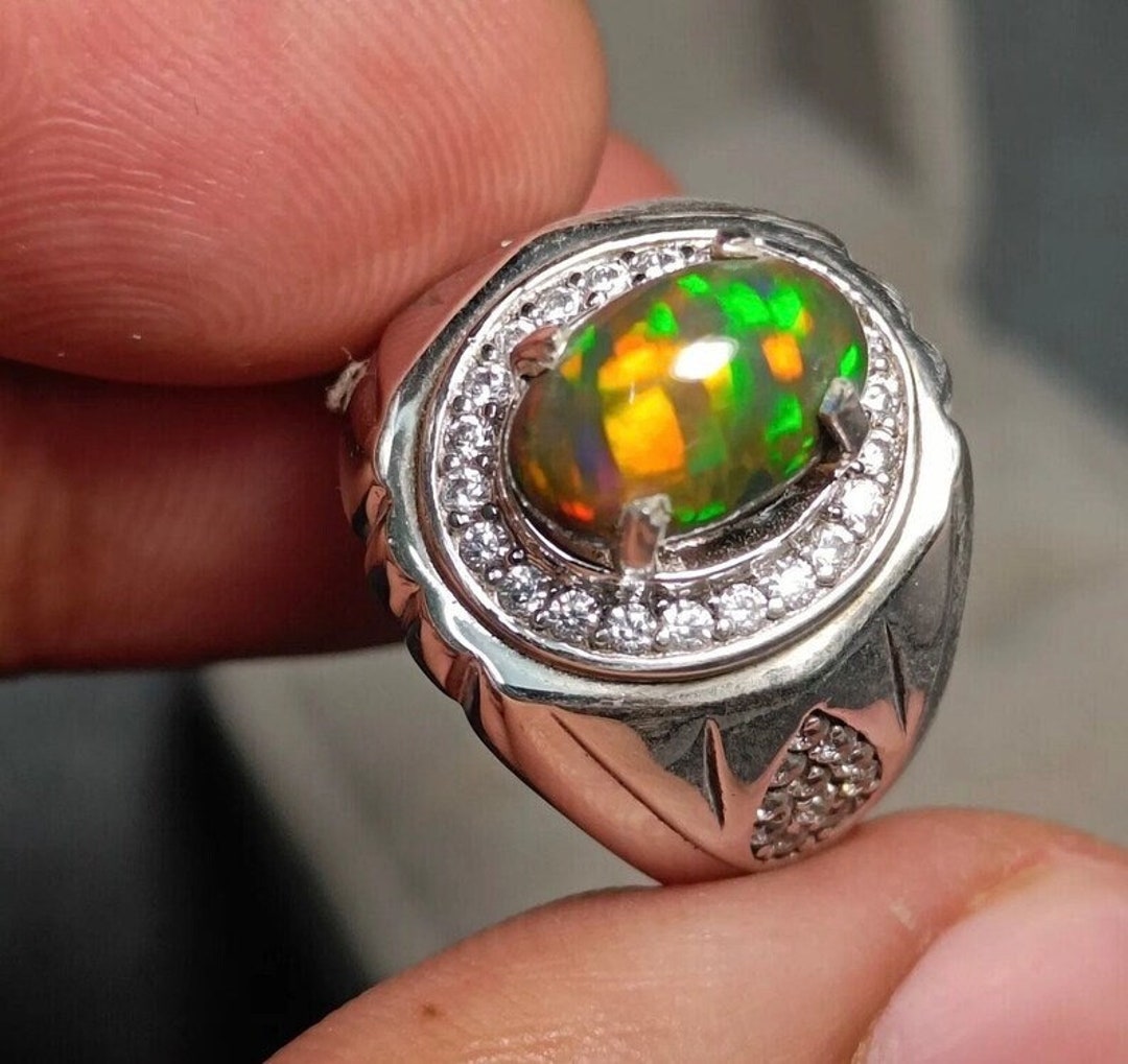 Black Fire Opal Ring, Men Engagement Ring, Natural Black Opal Ring in 925 Sterling Silver, Opal ...