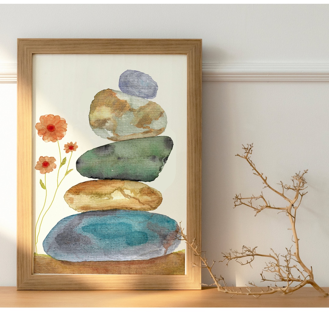 Stacked Rocks Art Print Wall Decor Watercolor Painting Zen Stones ...