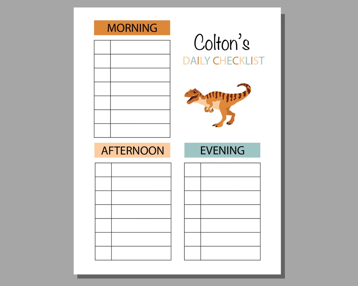 Dinosaur Kids Daily Checklist, Before and After School Checklist ...
