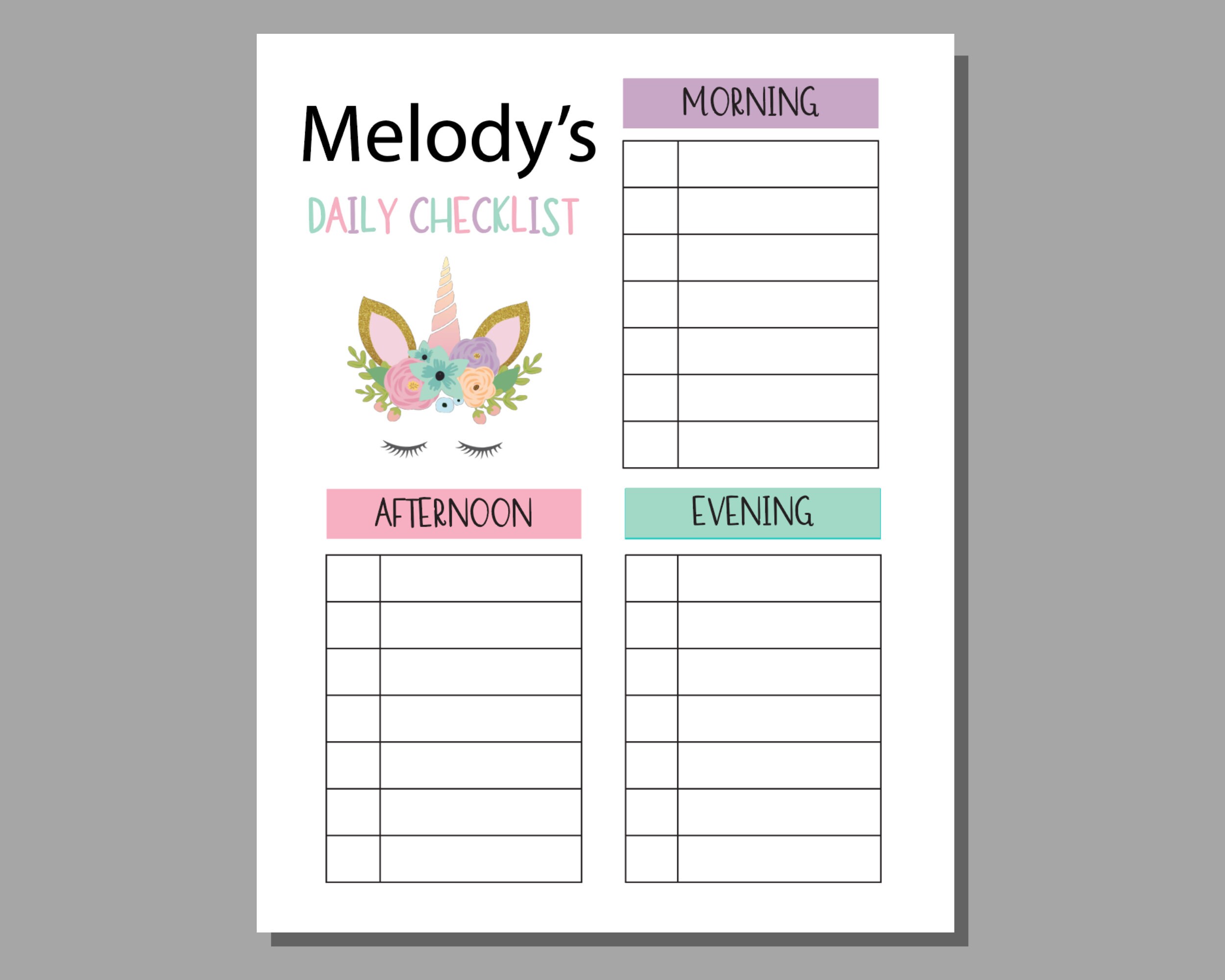 Unicorn Kids Daily Checklist: Editable Printable Responsibility Chart ...