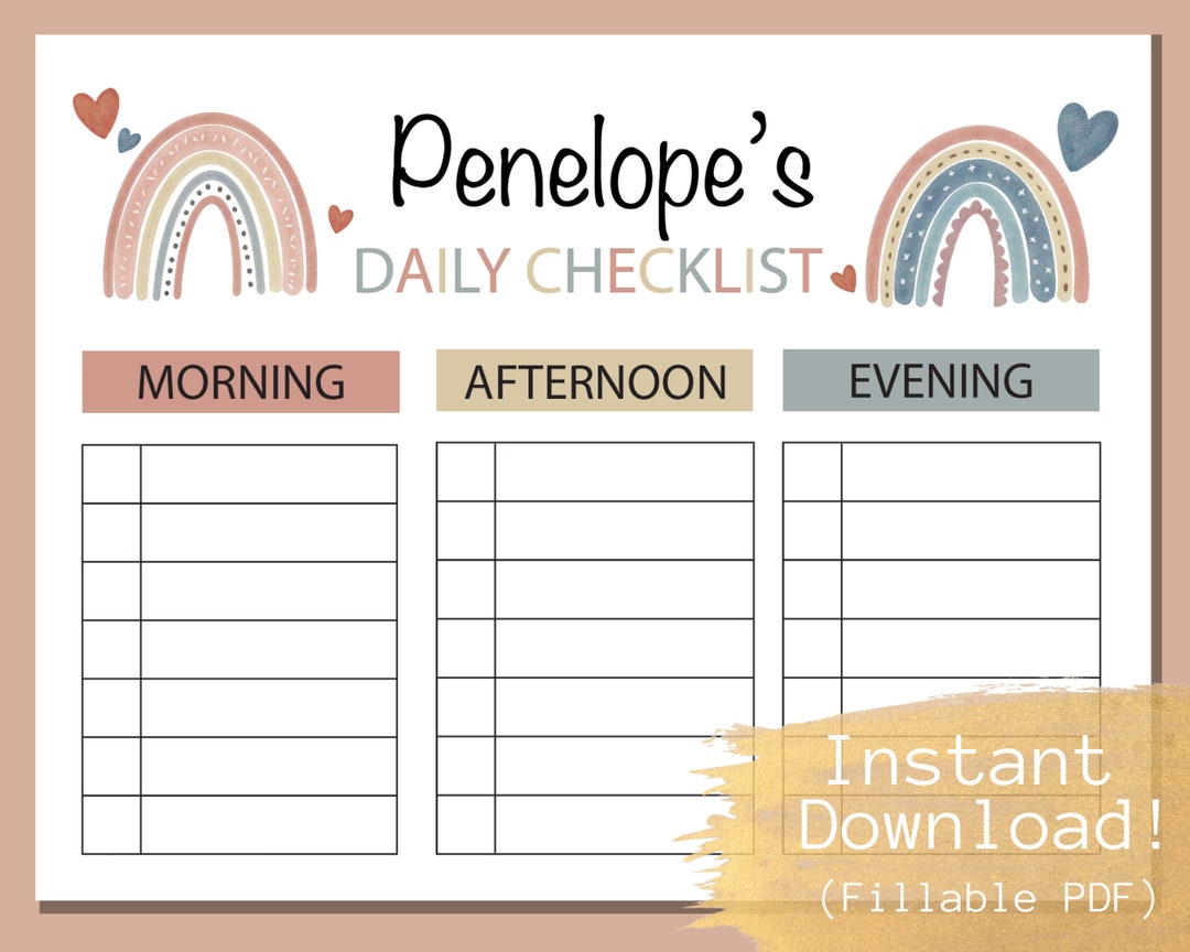 Fillable Kids Checklist, Responsibility Chart, to Do List, Horizontal ...