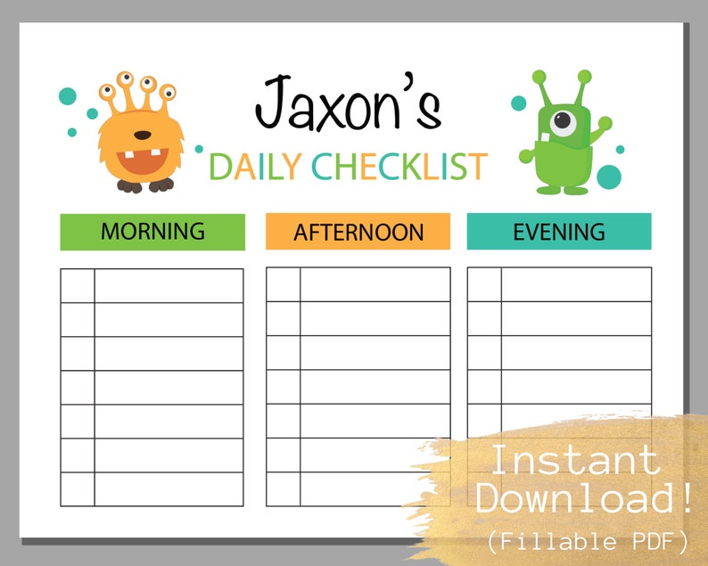 Monster Daily Checklist, Kids Responsibility Chart, to Do List ...