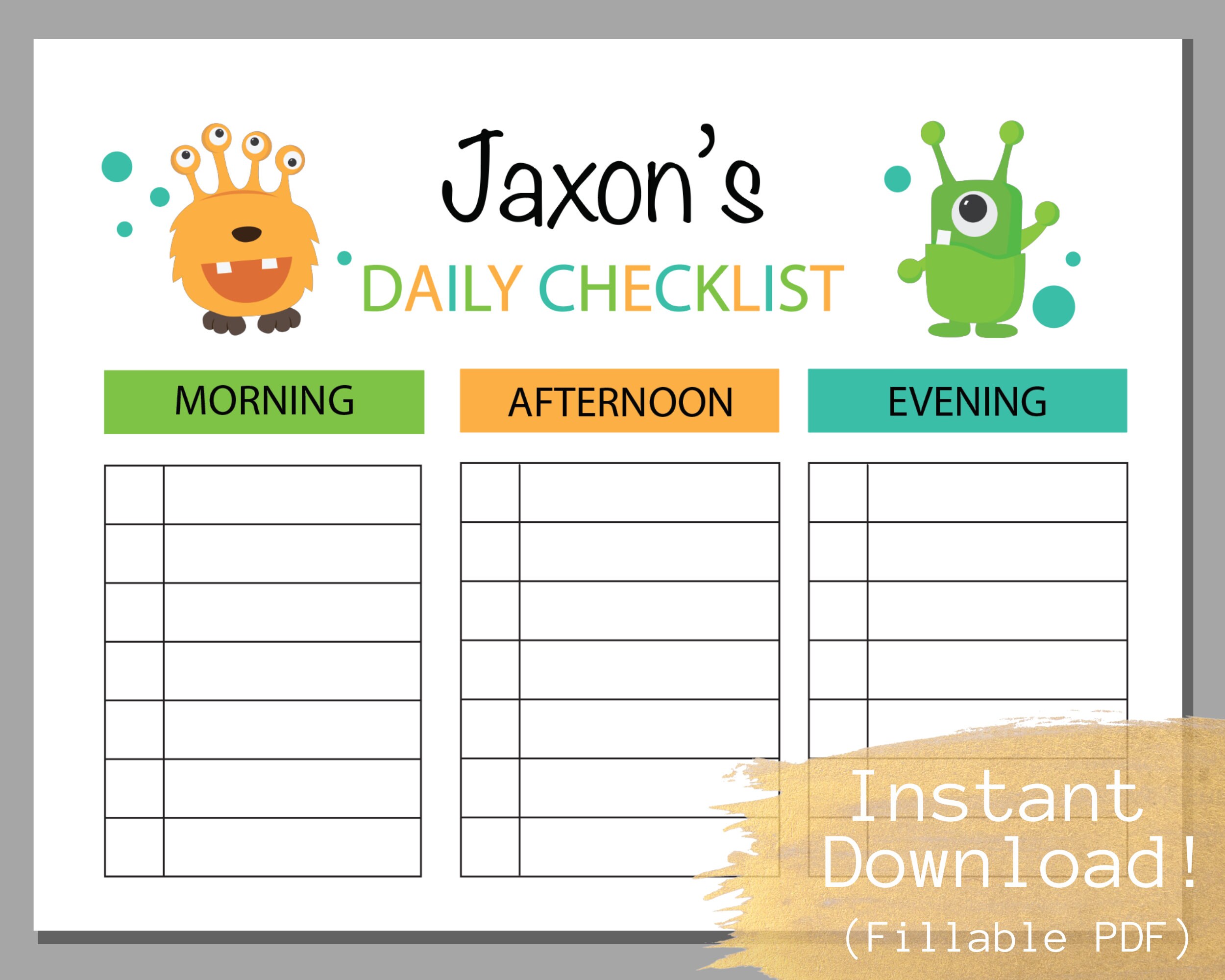 Monster Daily Checklist, Kids Responsibility Chart, to Do List ...