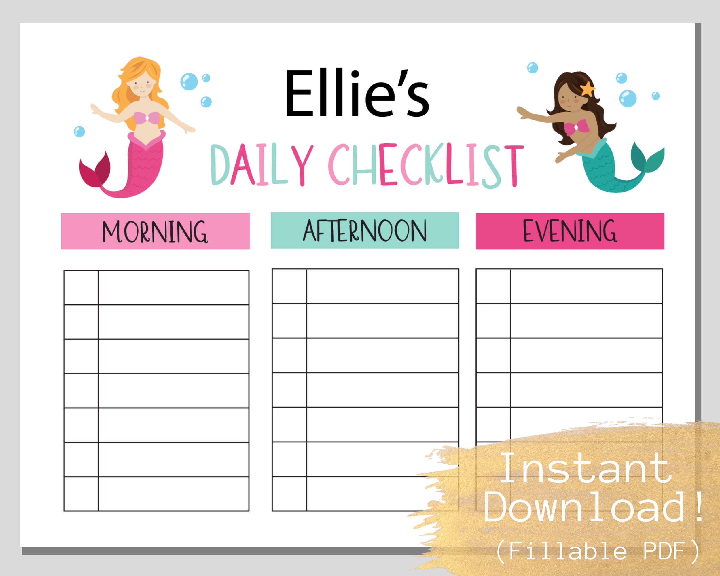 Mermaid to Do List, Responsibility Chart, Kids Daily Chart, Horizontal ...