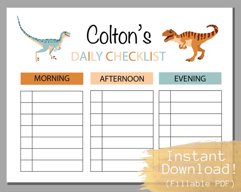 Dinosaur Kids Daily Checklist, Before and After School Checklist ...