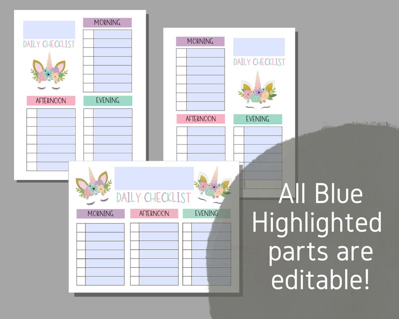 Unicorn Kids Daily Checklist: Editable Printable Responsibility Chart ...