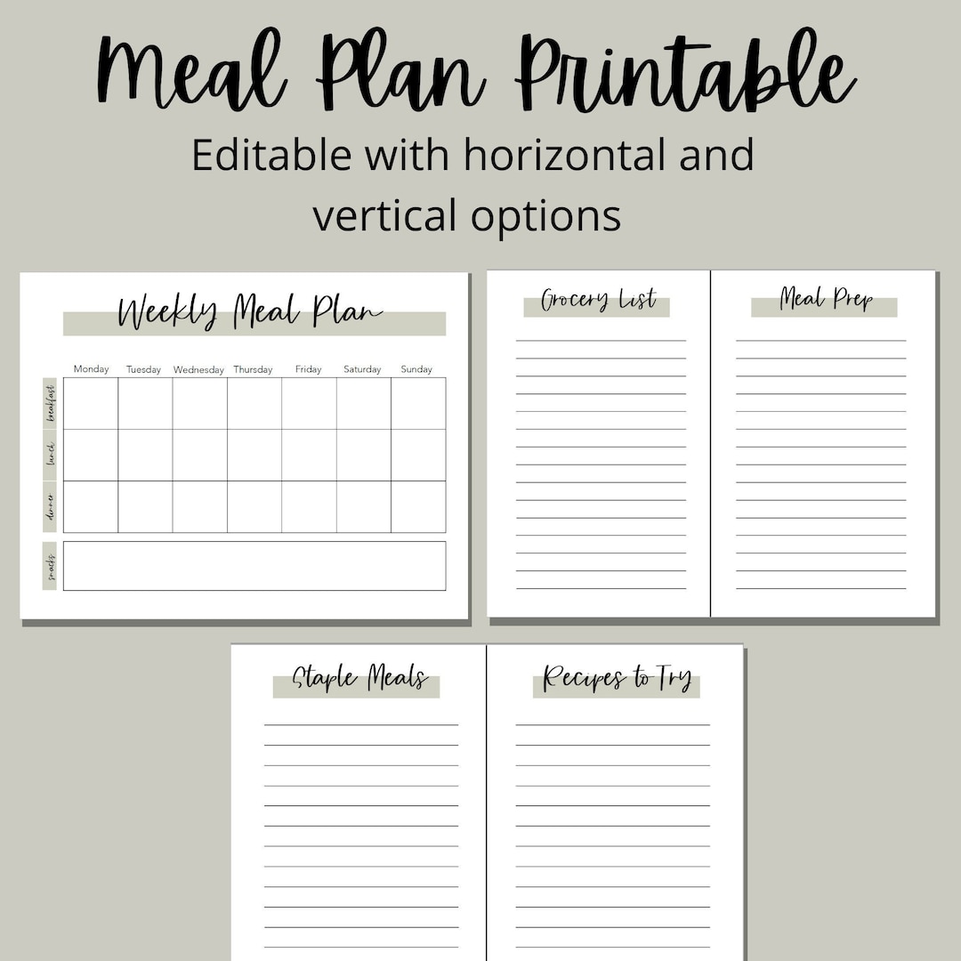 Weekly Meal Plan Template, Horizontal and Vertical Option, Editable ...