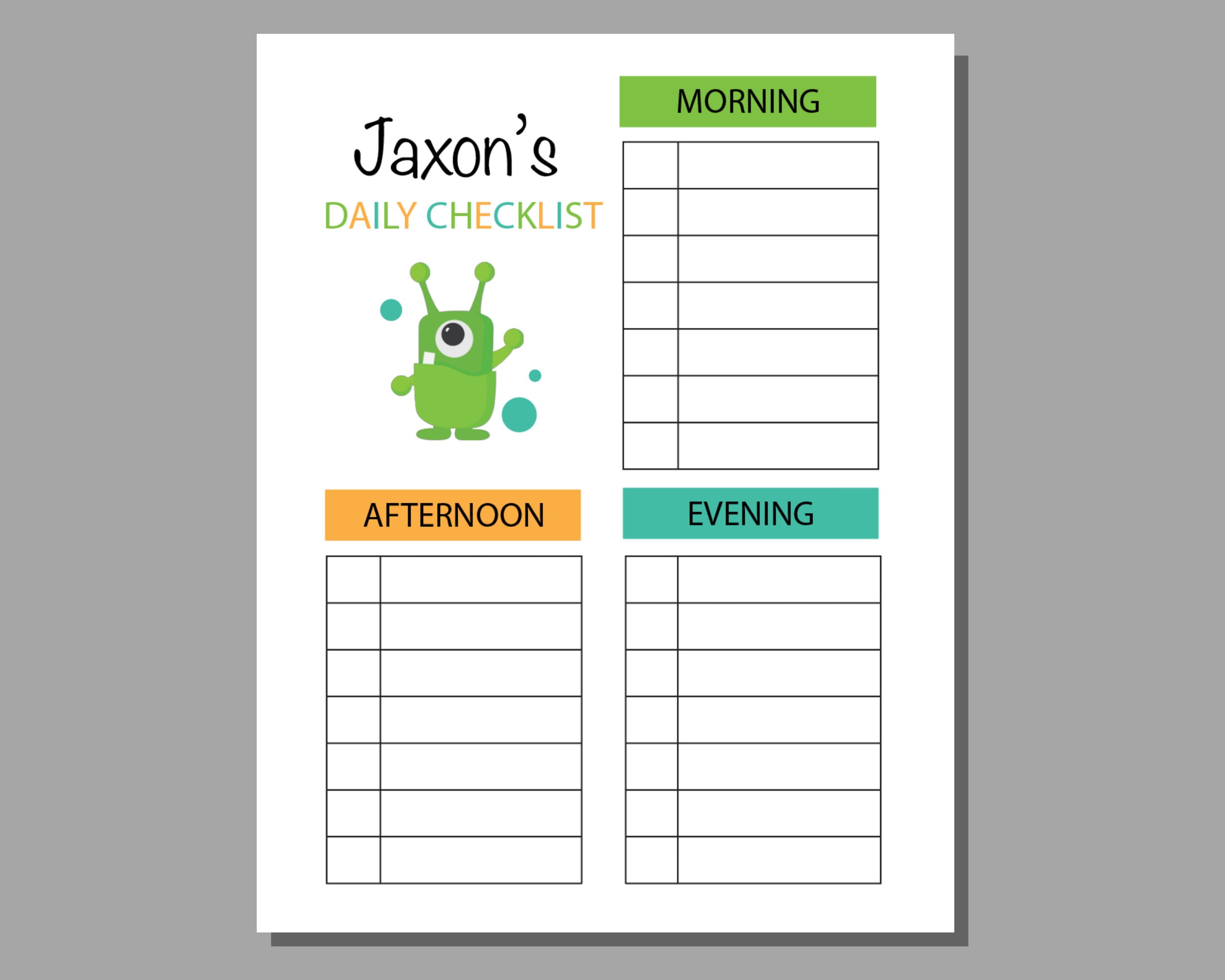 Monster Kids Daily Checklist: Fillable Responsibility Chart (printable ...