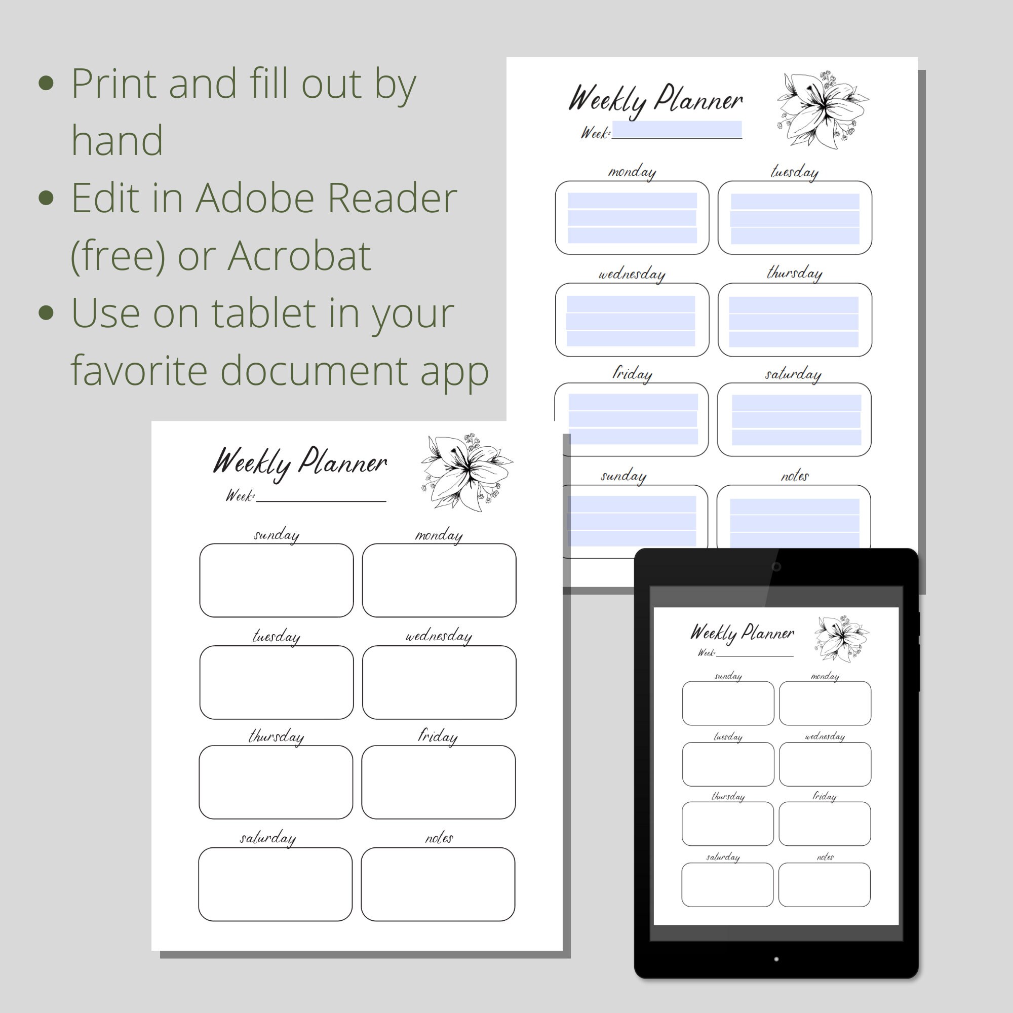 Weekly Planner, Editable Printable PDF, Weekly Schedule, Weekly Plan ...