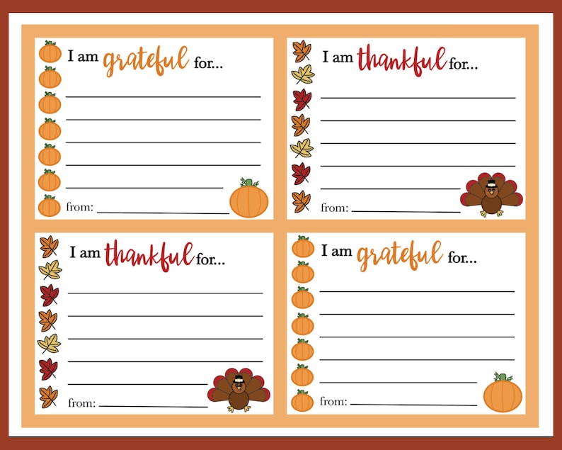 Thanksgiving Card Printable, Grateful For, Thankful For, Writing Prompt ...