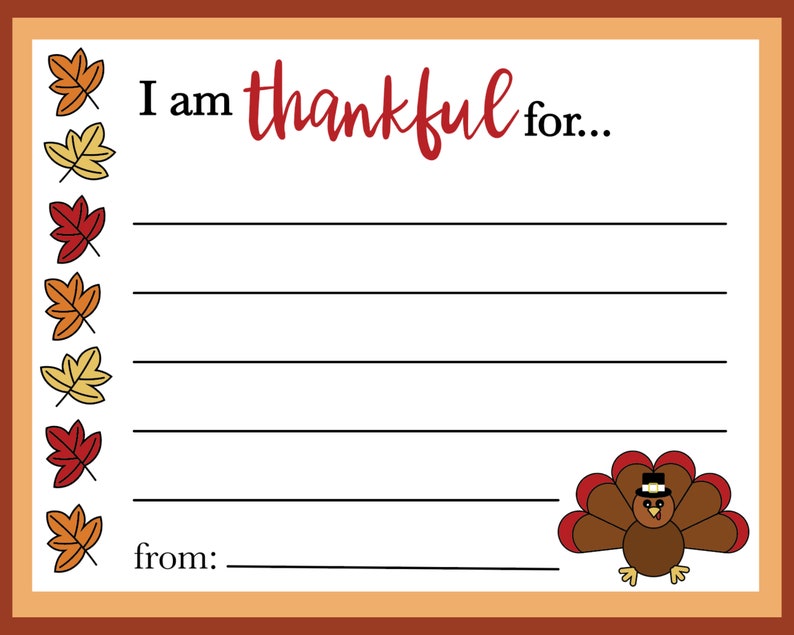 Thanksgiving Card Printable, Grateful For, Thankful For, Writing Prompt ...