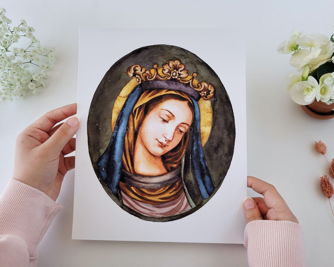 Virgin Mary Painting Mother of Mercy, Original Watercolor of Our Lady ...