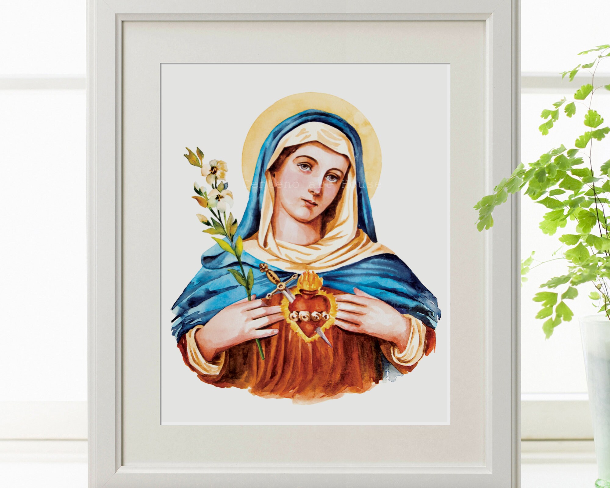 Immaculate Heart of Mary Print, Virgin Mary Original Watercolor ...