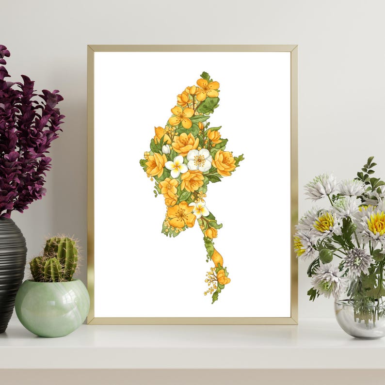 Myanmar Floral Map Printable Painting, Watercolor Padauk Flower Art ...