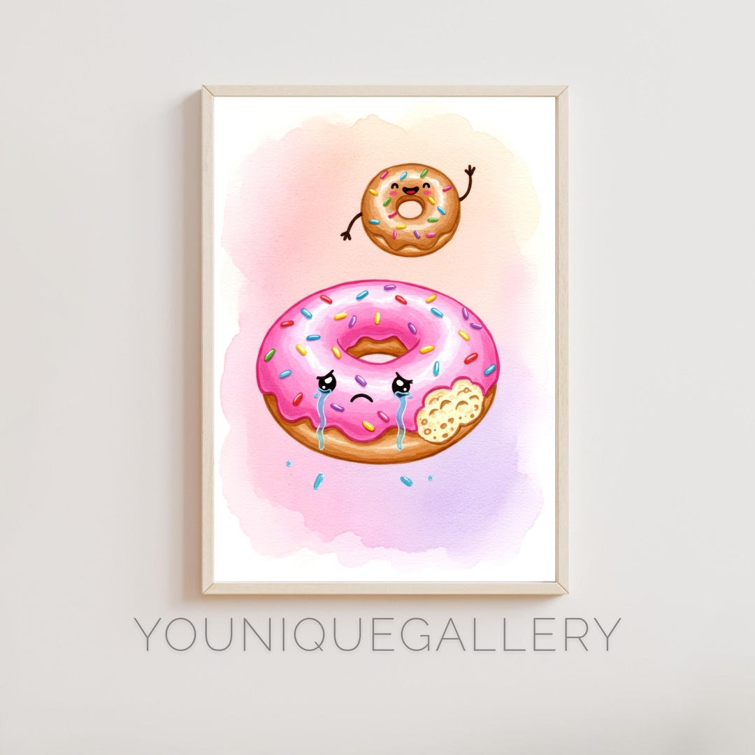 Funny Crying Donut Watercolor Print: Kawaii Kitchen Wall Art (digital ...