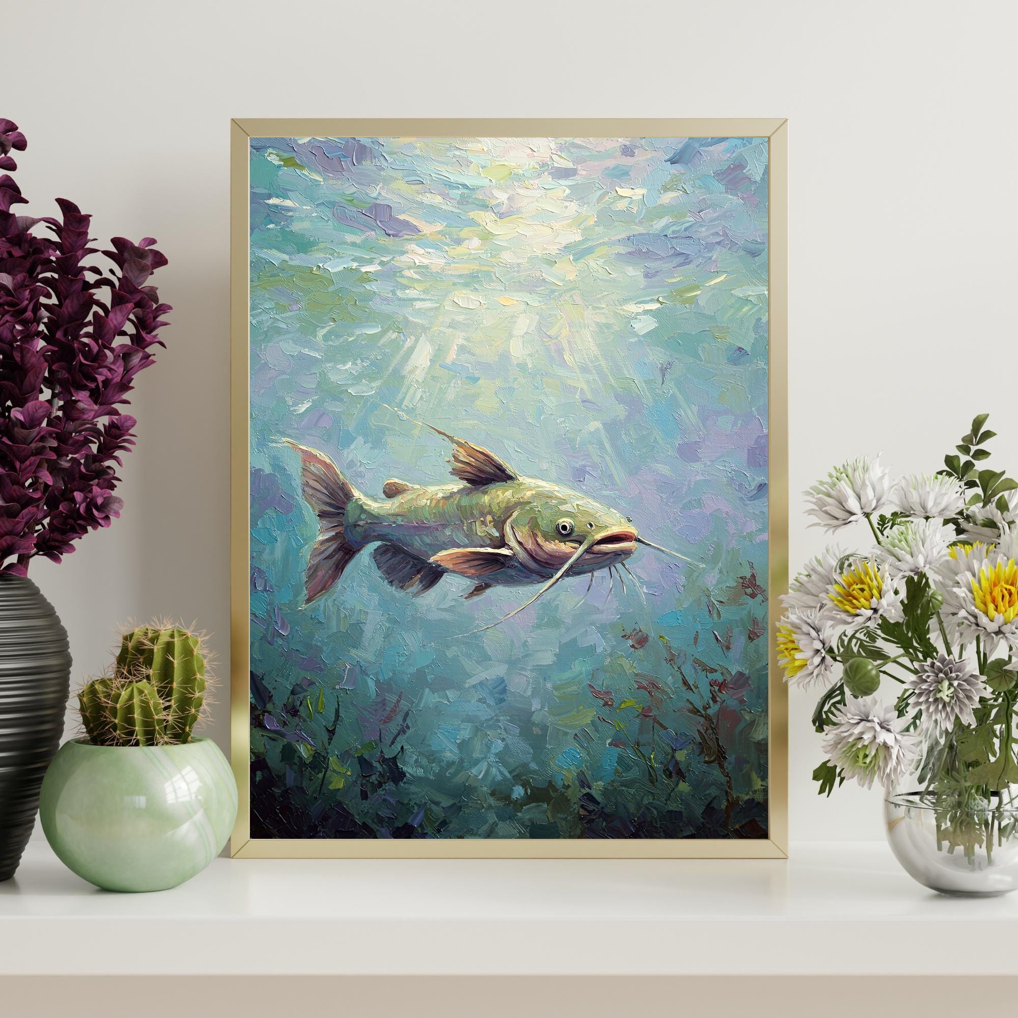 Catfish Printable Painting, Underwater Fishing Wall Art Digital ...