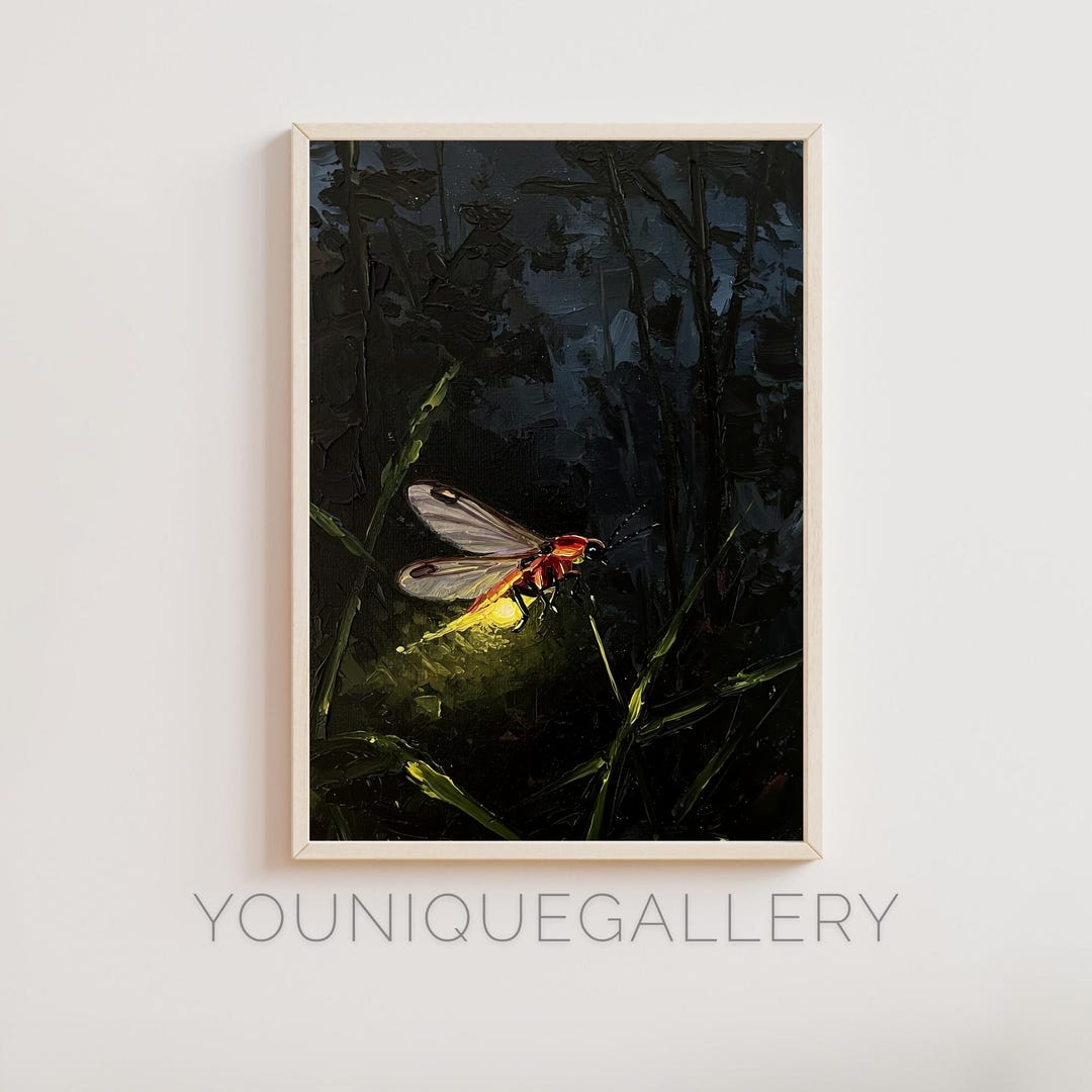 Glowing Firefly Oil Painting Printable, Dark Night Forest Insect Art ...