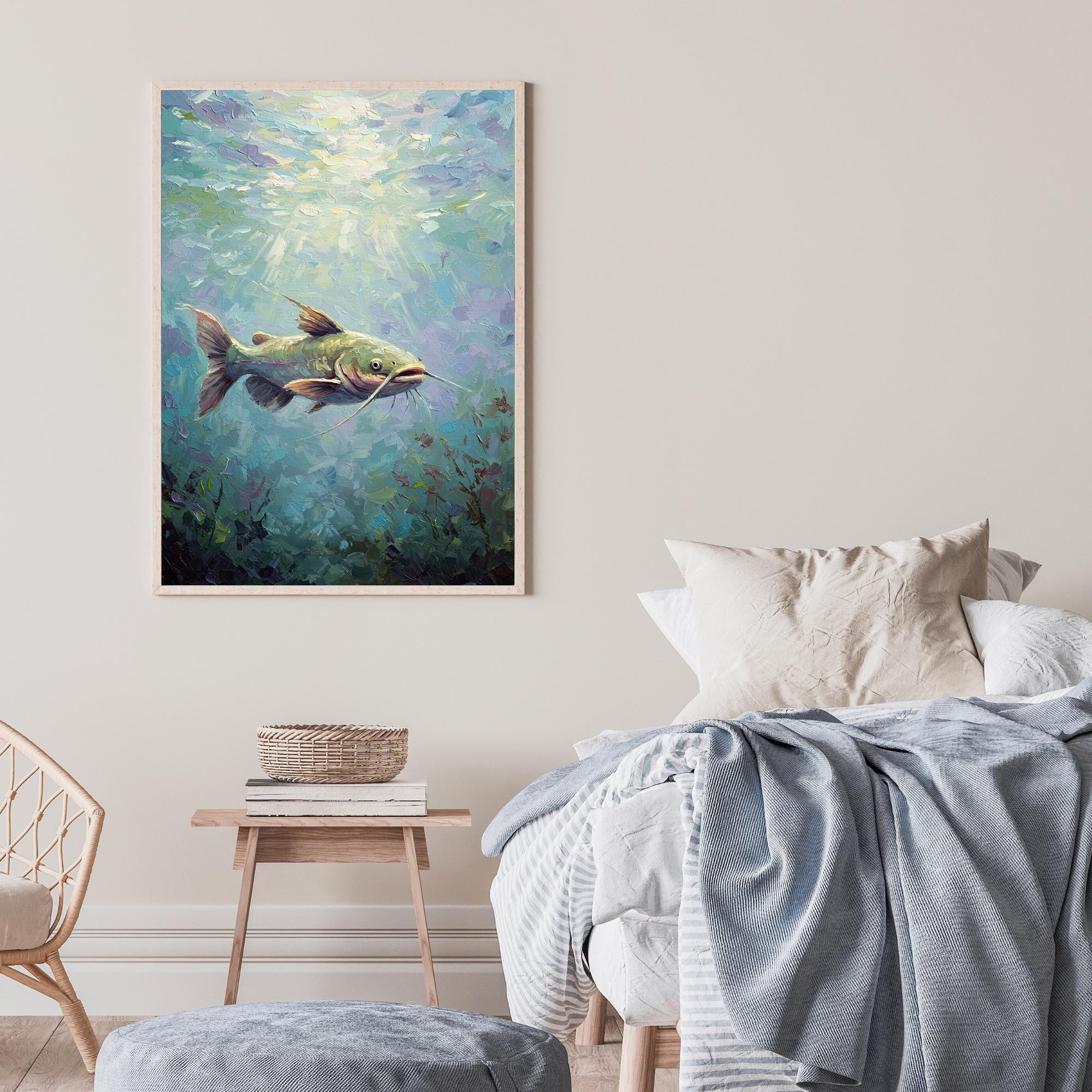 Catfish Printable Painting, Underwater Fishing Wall Art Digital ...