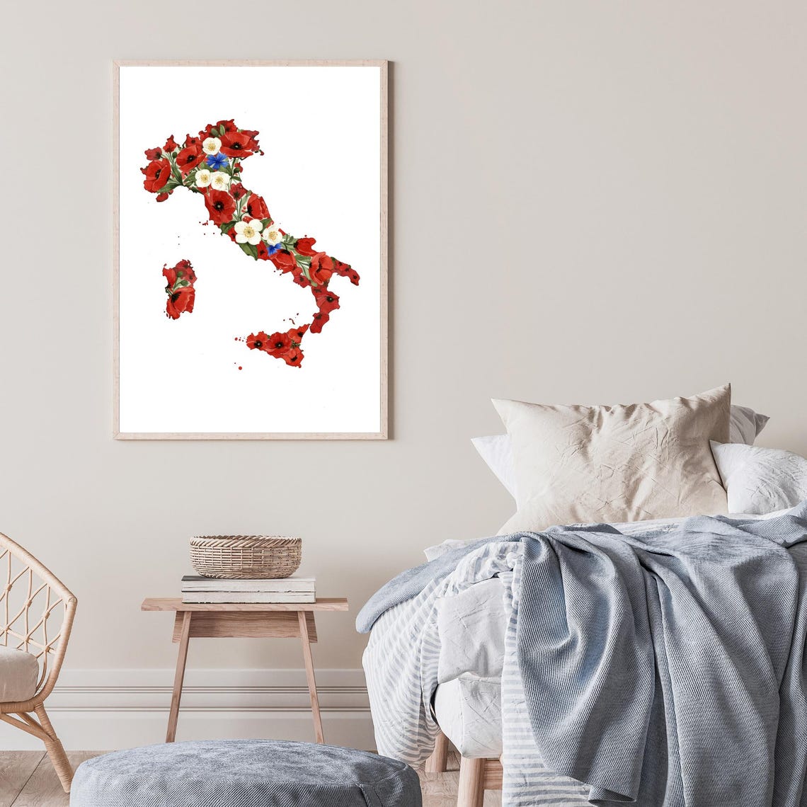 Italy Floral Map Art Print: Watercolor Poppy Daisy Decor (digital ...