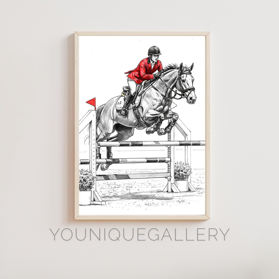 Printable Show Jumping Pencil Sketch Wall Art Decor, Digital Download ...