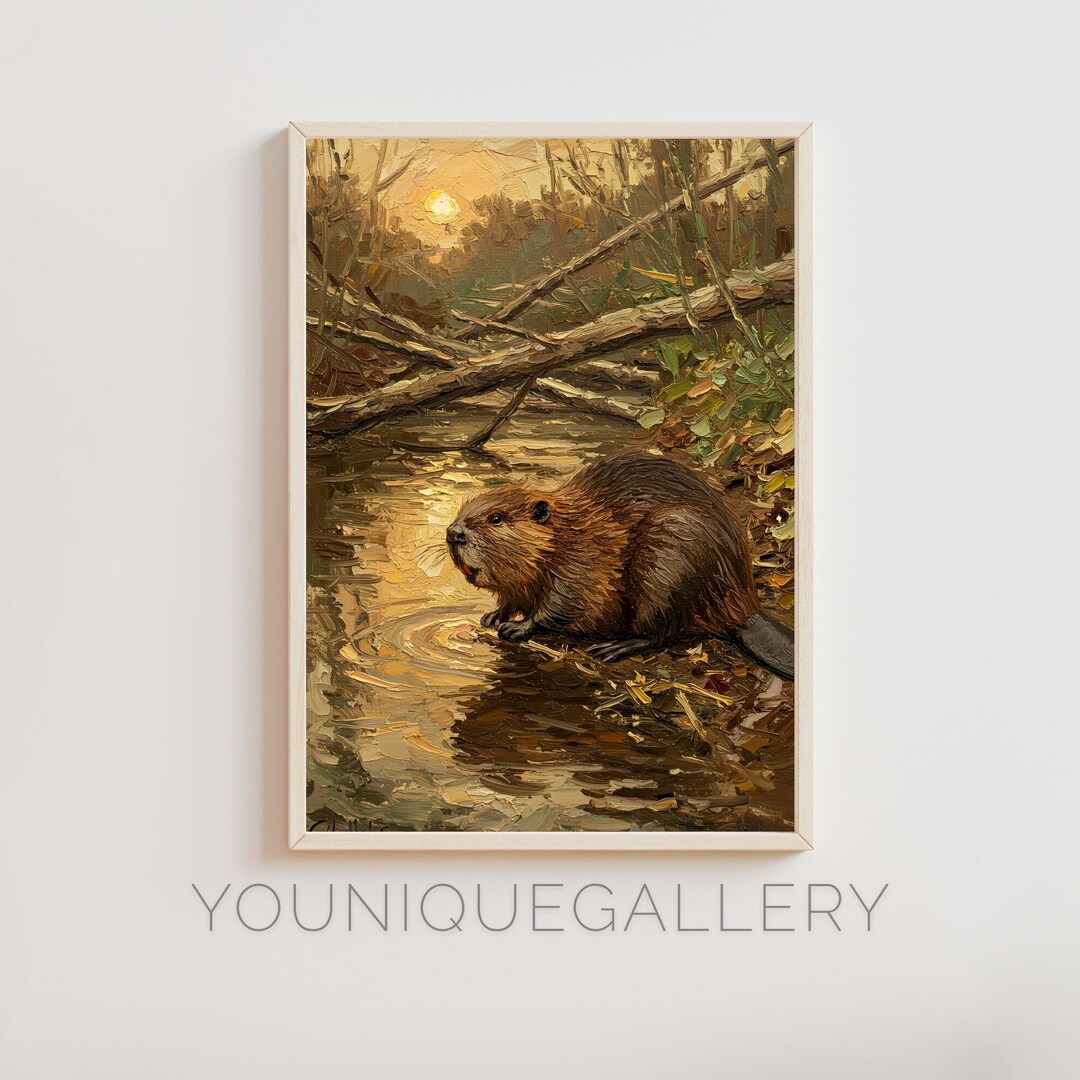 Beaver by the River Printable Painting, Woodland Animal Wall Art ...