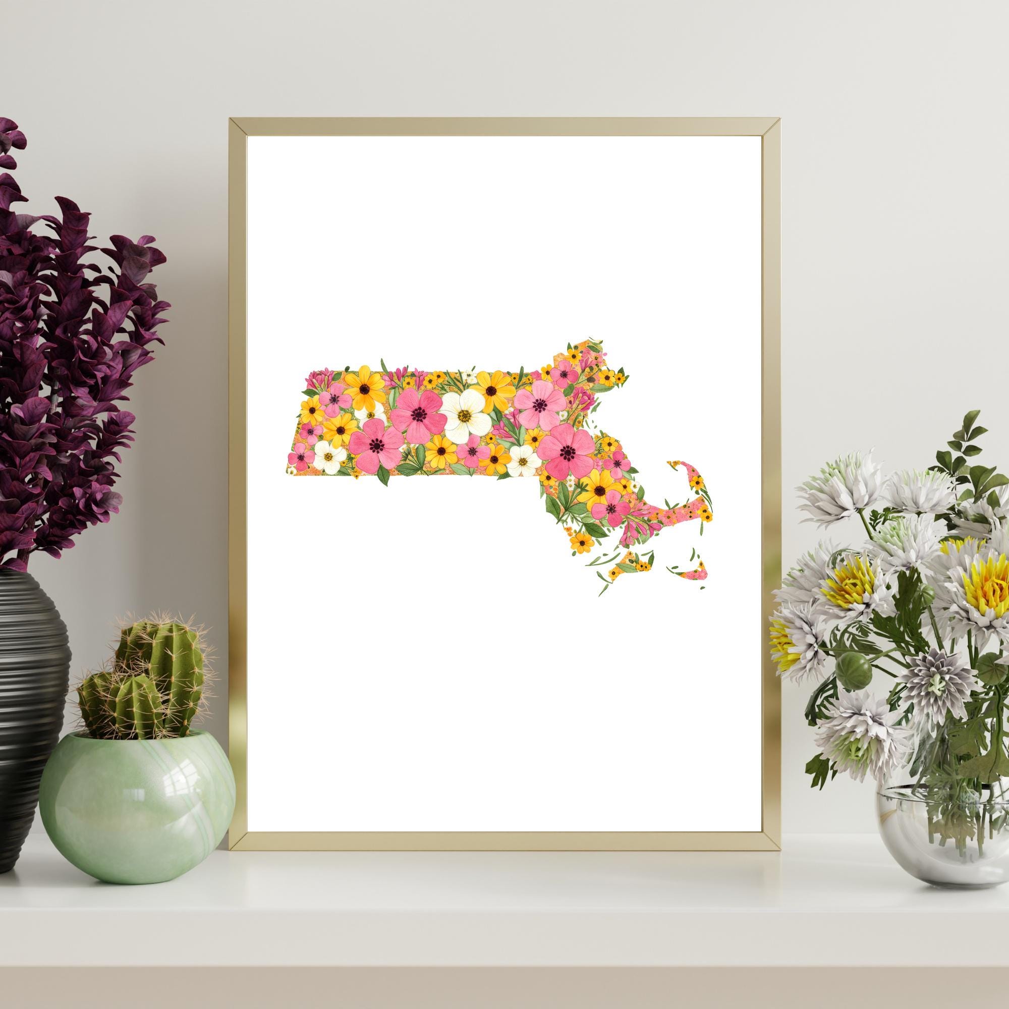 Massachusetts Floral Map Art: Watercolor Bay State Print (digital ...