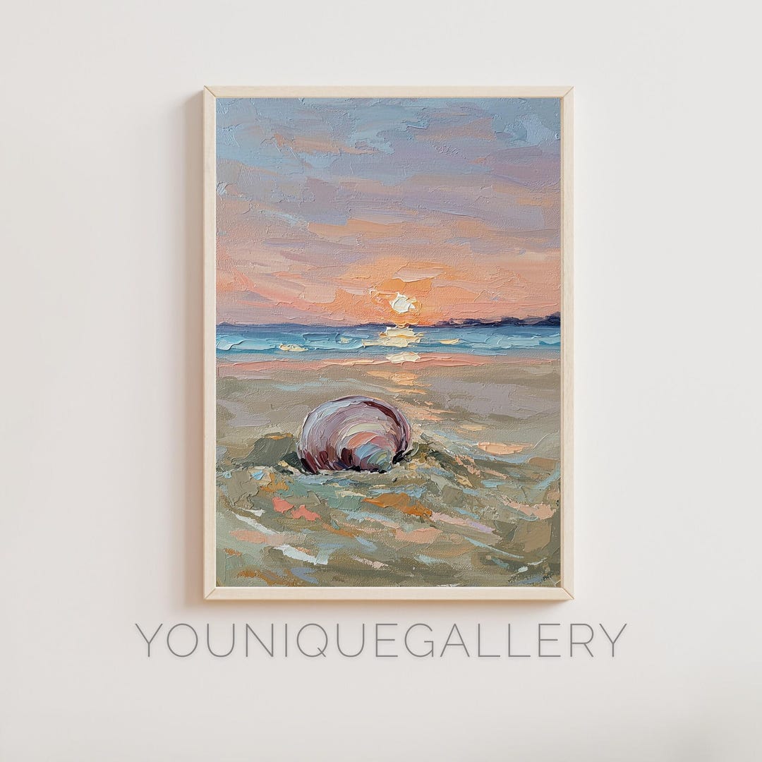 Seashell Sunset Beach Print: Textured Coastal Impasto Painting (digital ...