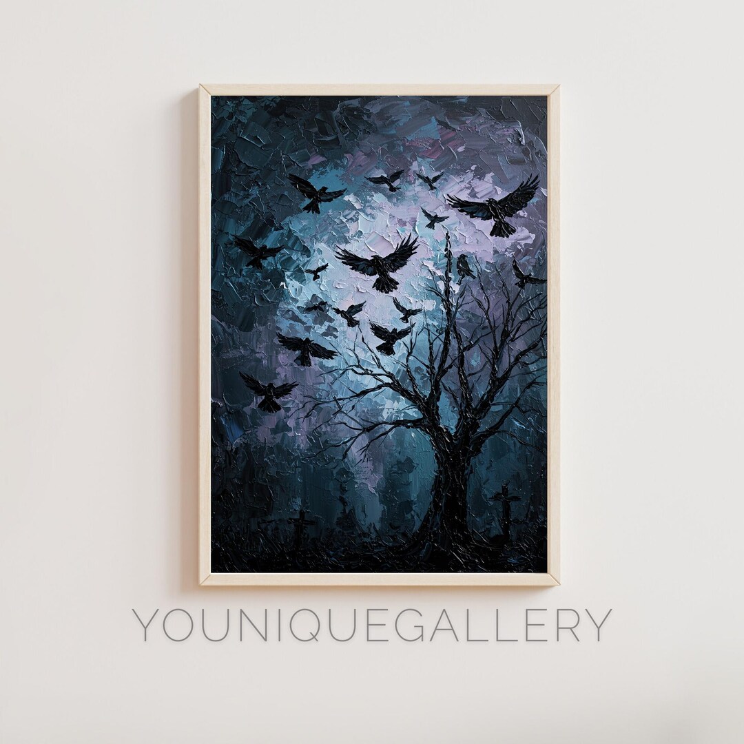 Gothic Raven Flock Printable: Dark Graveyard Tree Wall Art (digital ...