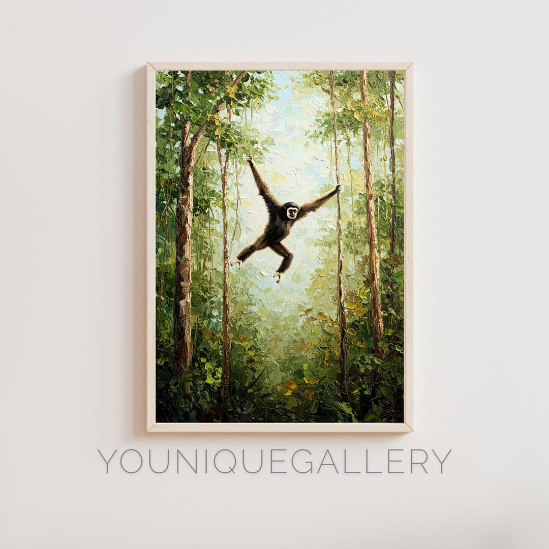Gibbon Jungle Oil Painting Printable Wall Art, Swinging Monkey Digital ...