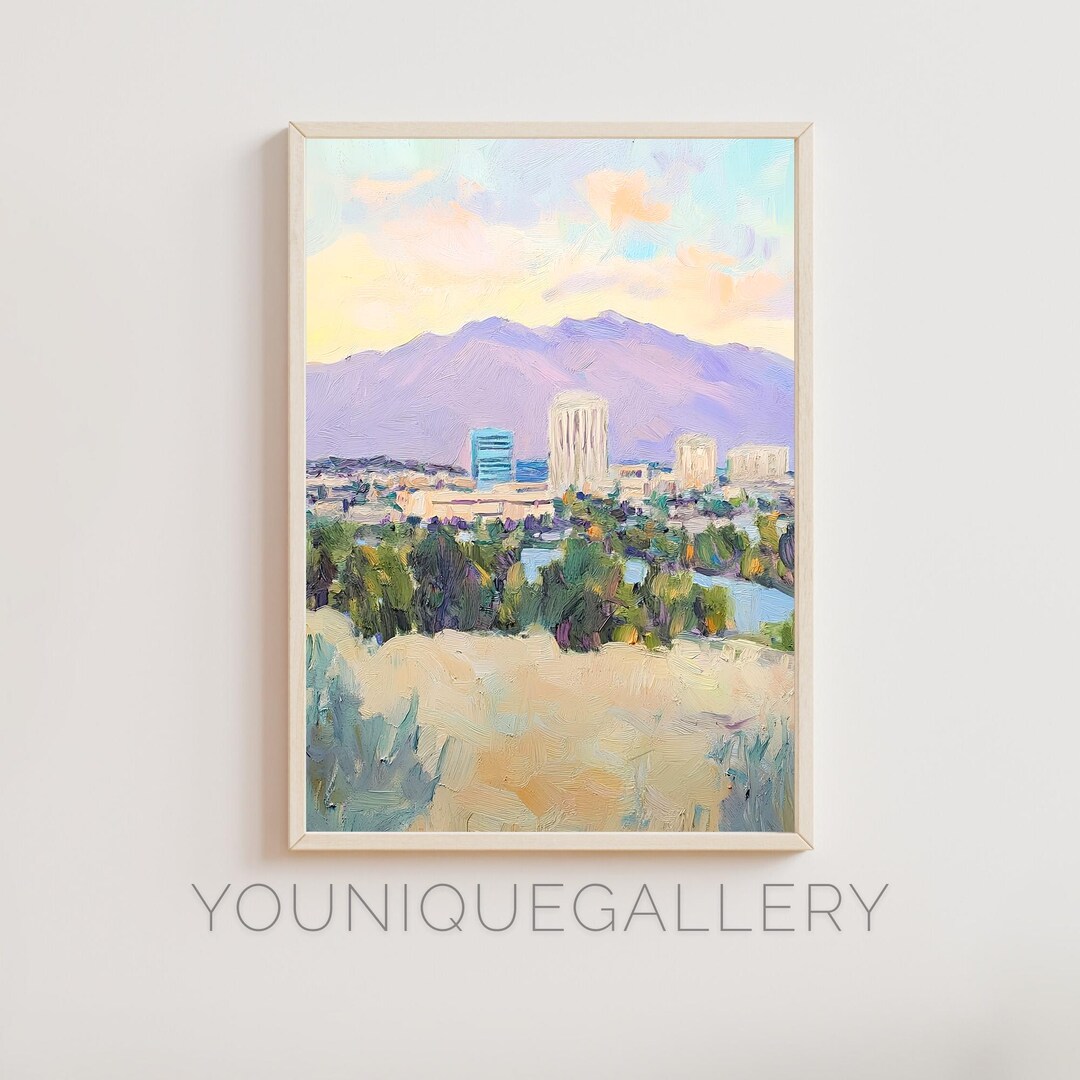 Fresno California Oil Painting Print: Downtown Skyline, Sierra Nevada ...