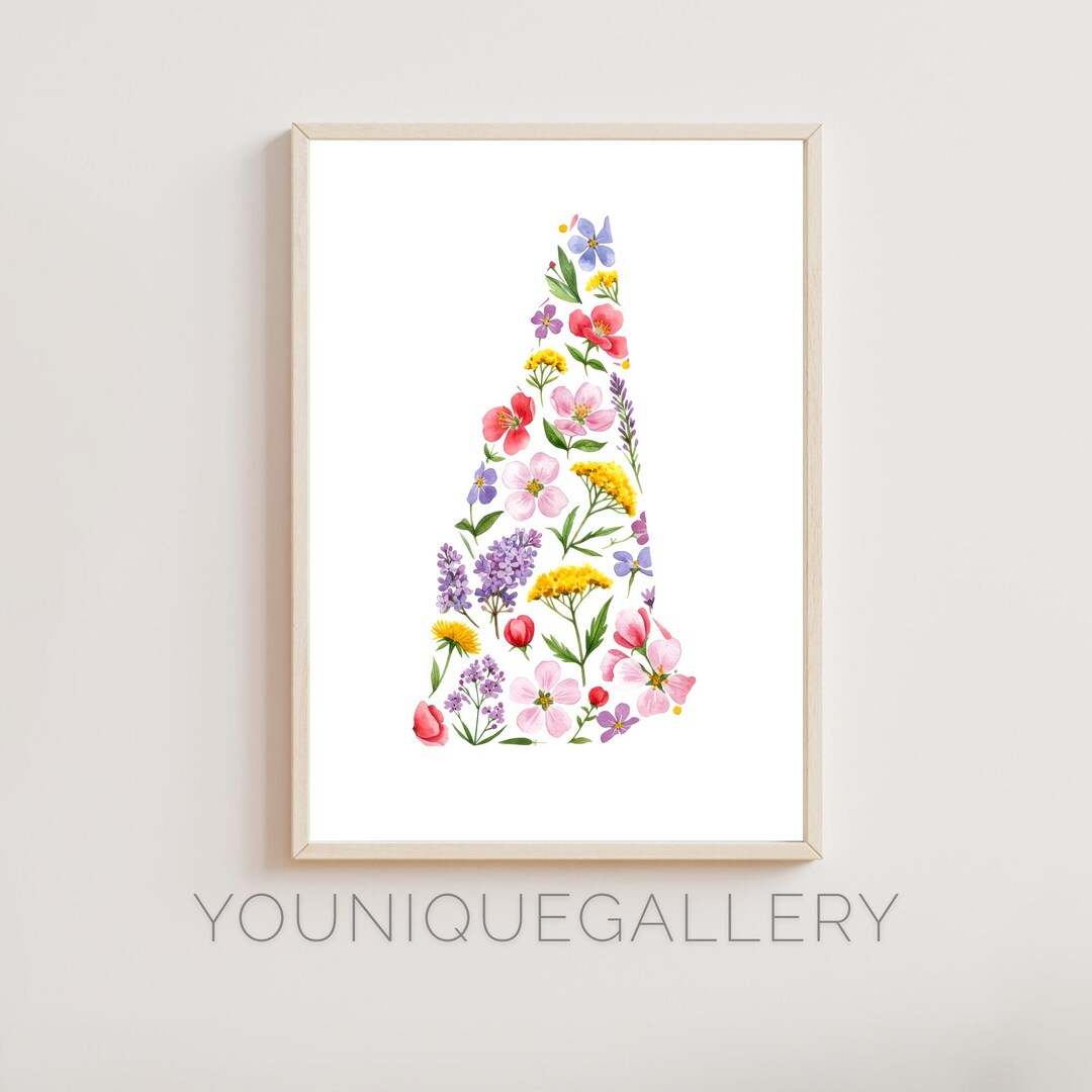 New Hampshire Floral Map Art Print: Watercolor Lilac NH Decor (digital ...