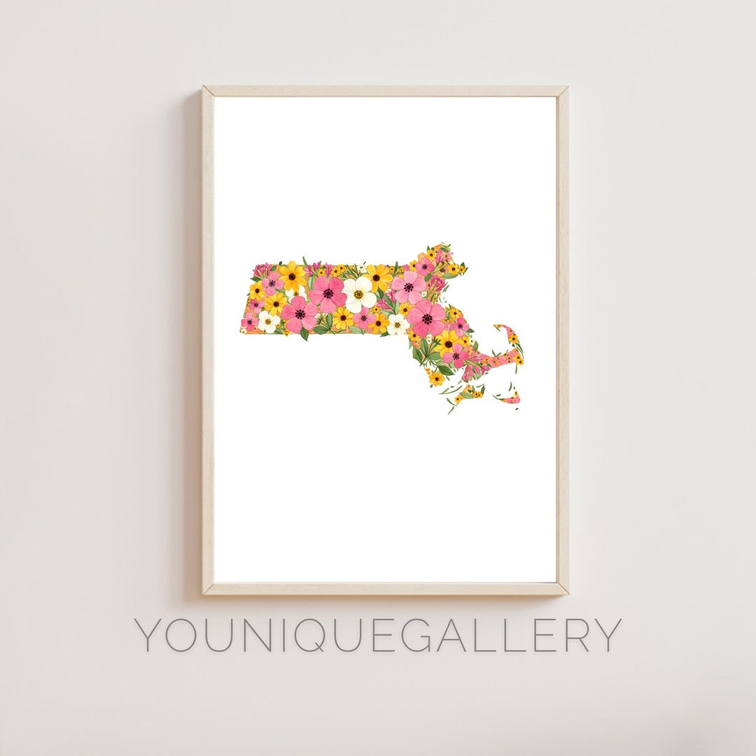 Massachusetts Floral Map Art: Watercolor Bay State Print (digital ...
