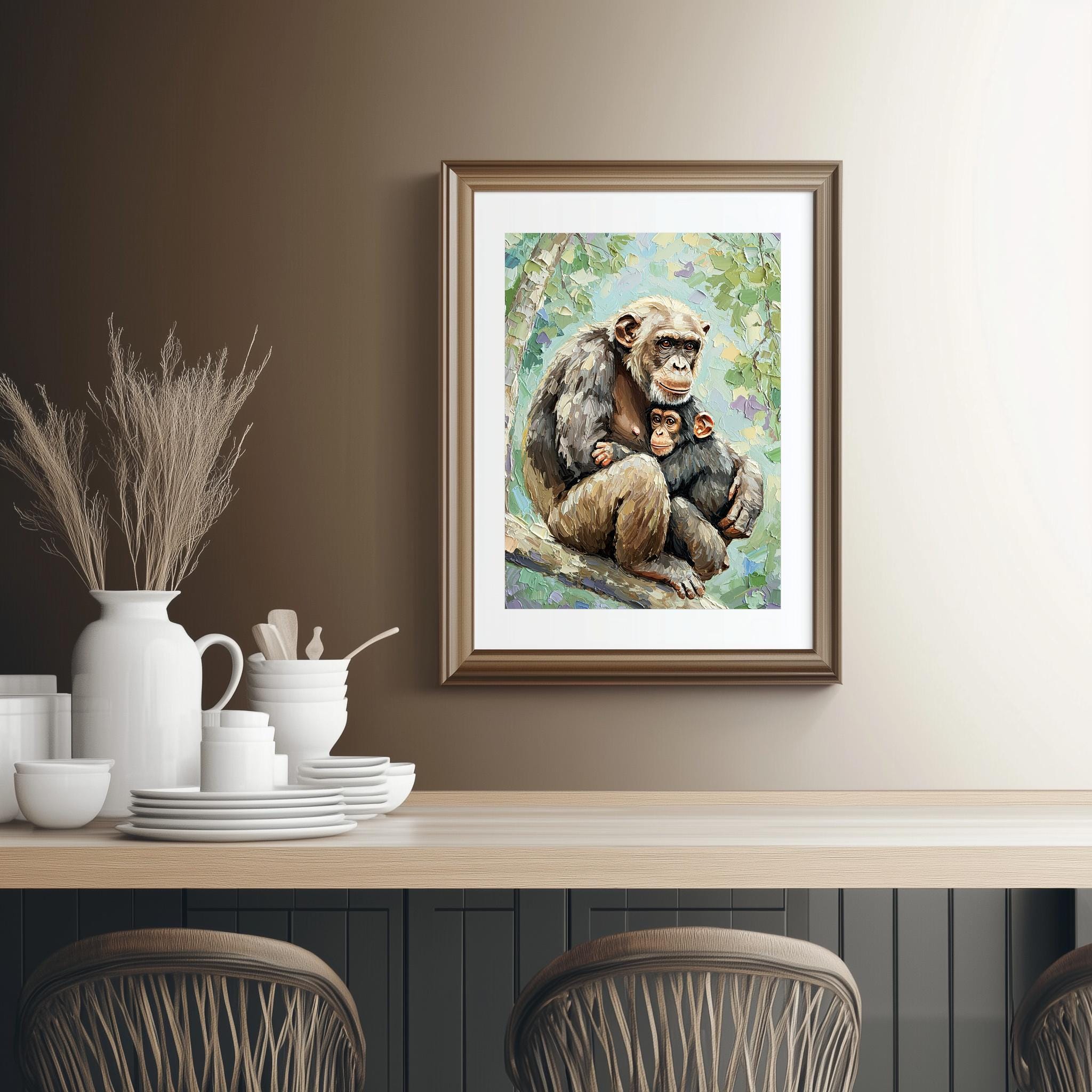 Chimpanzee Mother and Baby Printable Painting, Jungle Wildlife Wall Art ...