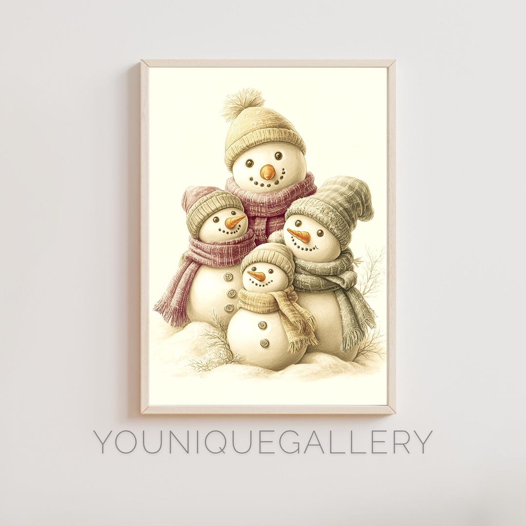 Family Snowman Art Print, Cozy Winter Snowmen Illustration, Festive ...