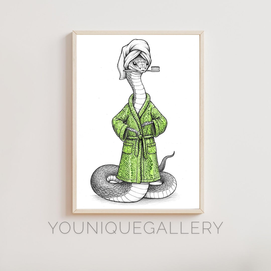 Snake Bathroom Art Printable | Serpent in Green Bathrobe With ...