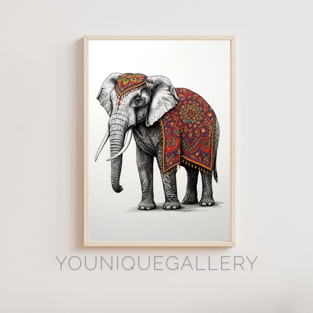 Printable Indian Elephant Wall Art | Vibrant Mandala Oil Painting ...