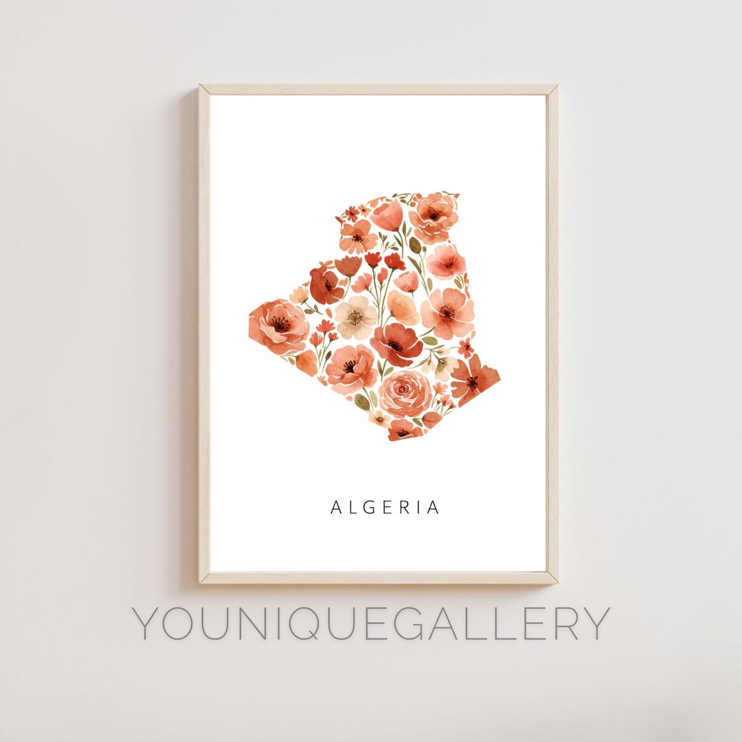 Algeria Floral Map Printable Painting, Watercolor Warm Tone Flower Art ...