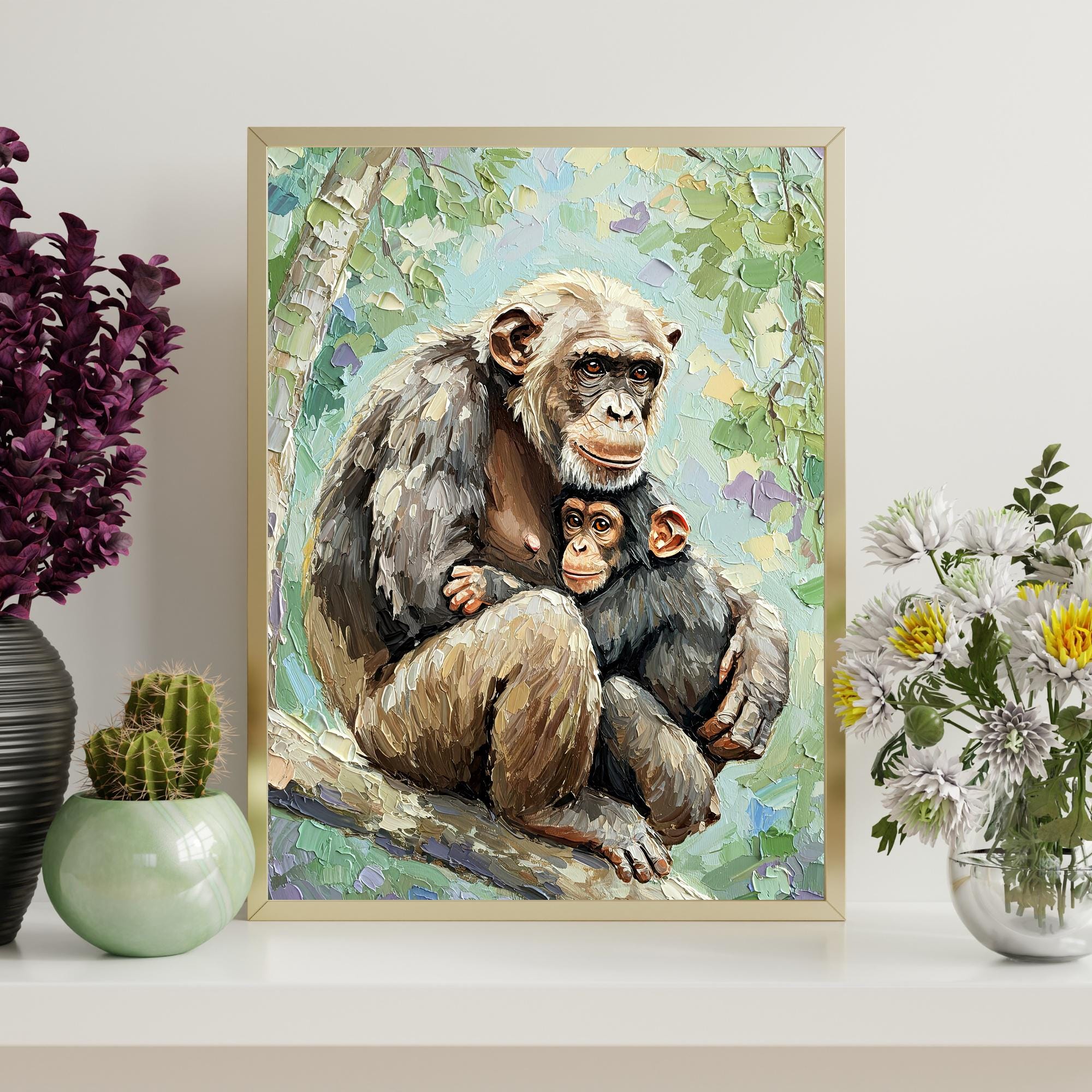 Chimpanzee Mother and Baby Printable Painting, Jungle Wildlife Wall Art ...