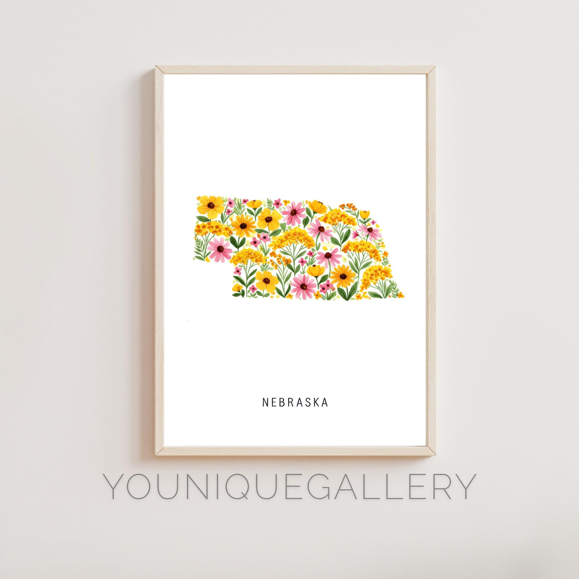 Nebraska Floral Map Printable Wall Art, Goldenrod Watercolor Print ...