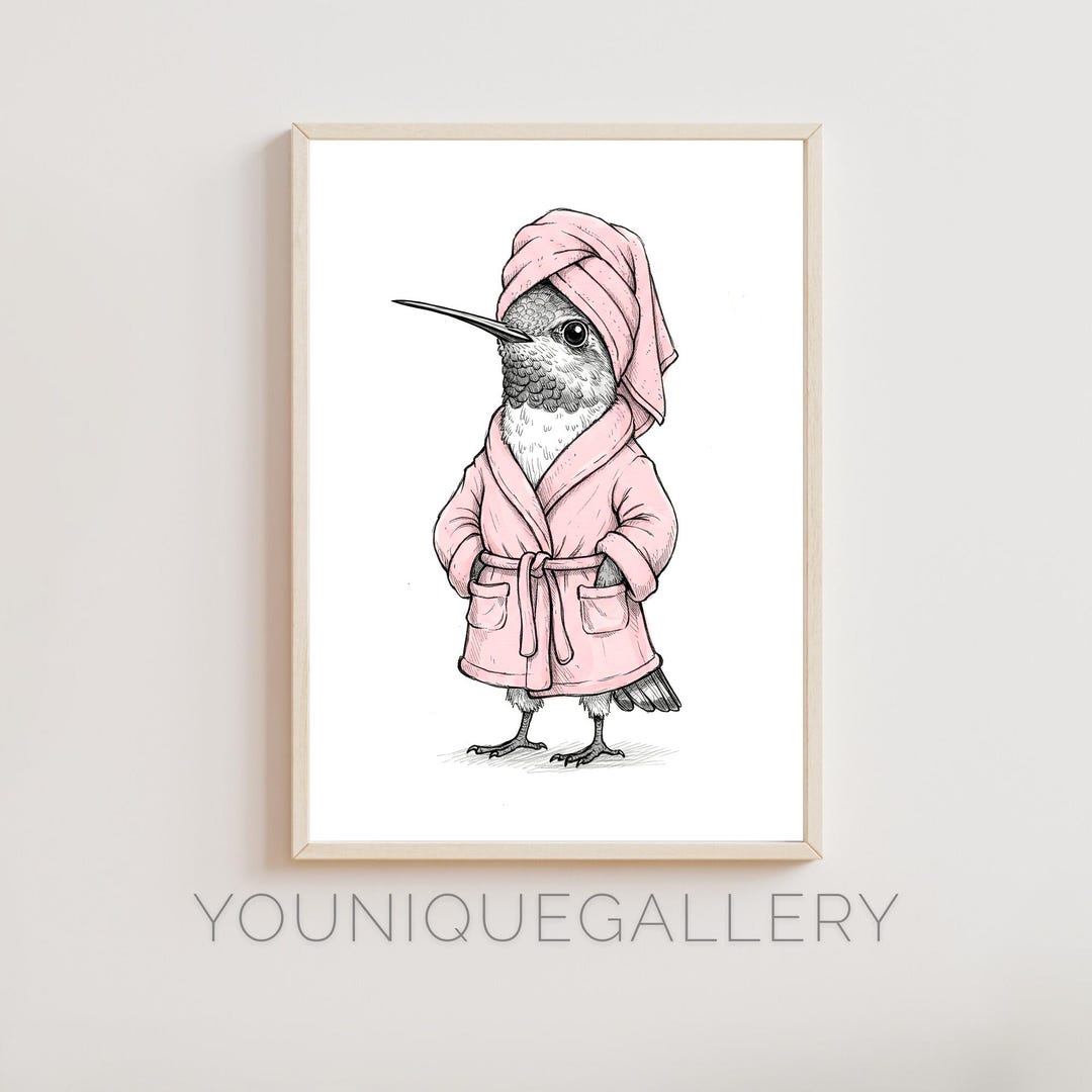 Spa Hummingbird Printable Wall Art | Pink Bathrobe Bird Bathroom Decor ...
