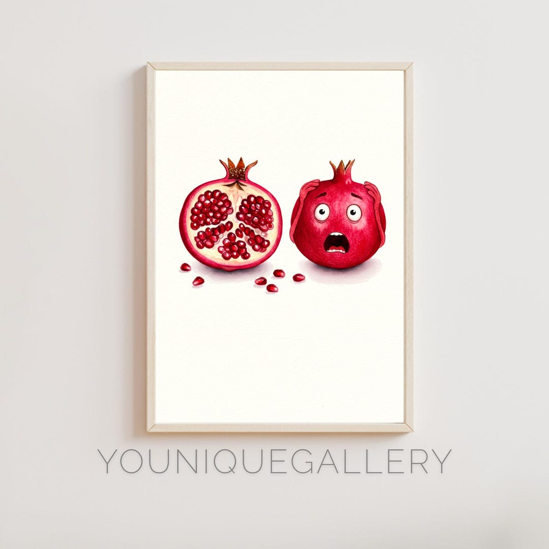 Funny Pomegranate Watercolor Printable, Food Humor Wall Art, Kitchen Decor, Scared Fruit Art ...