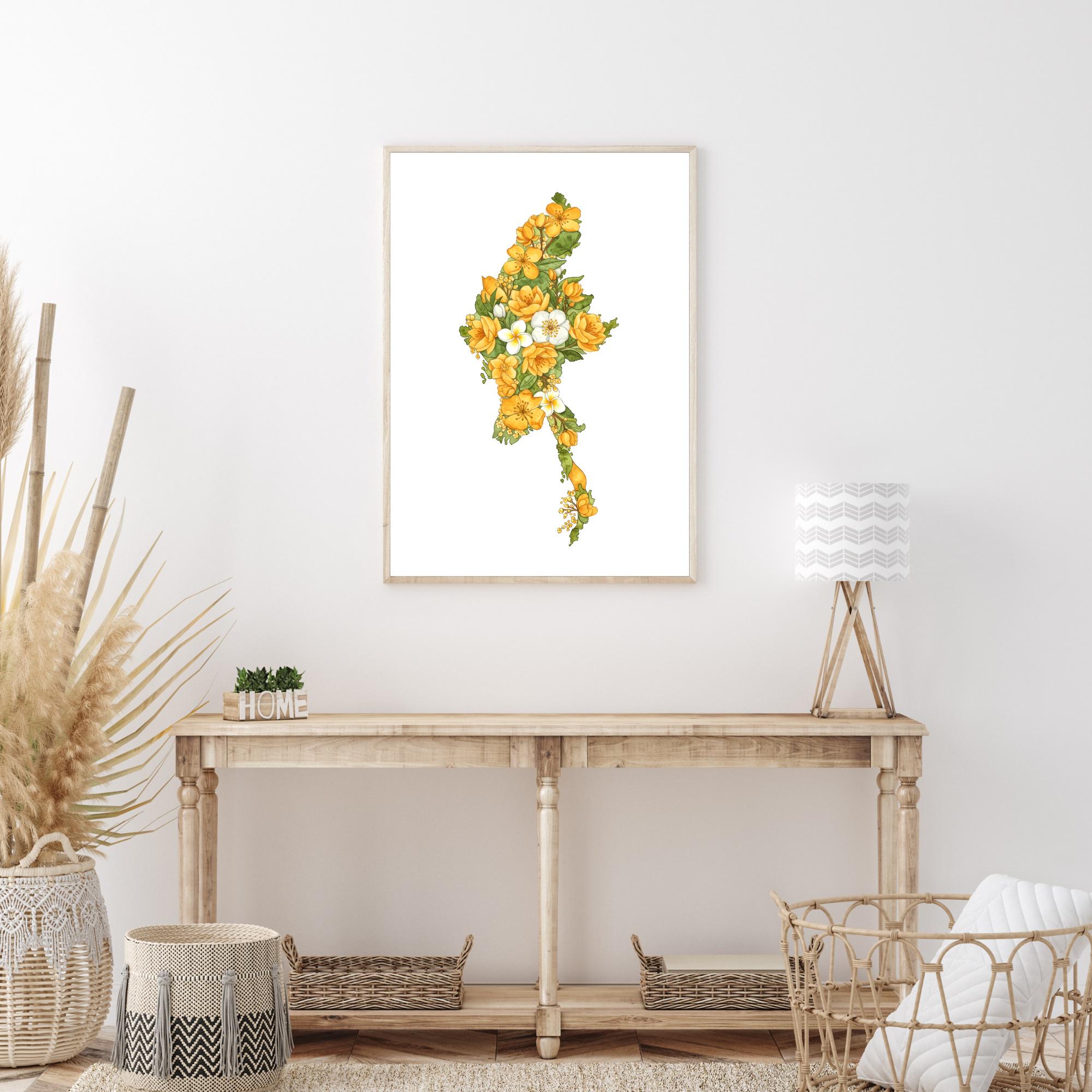 Myanmar Floral Map Printable Painting, Watercolor Padauk Flower Art ...