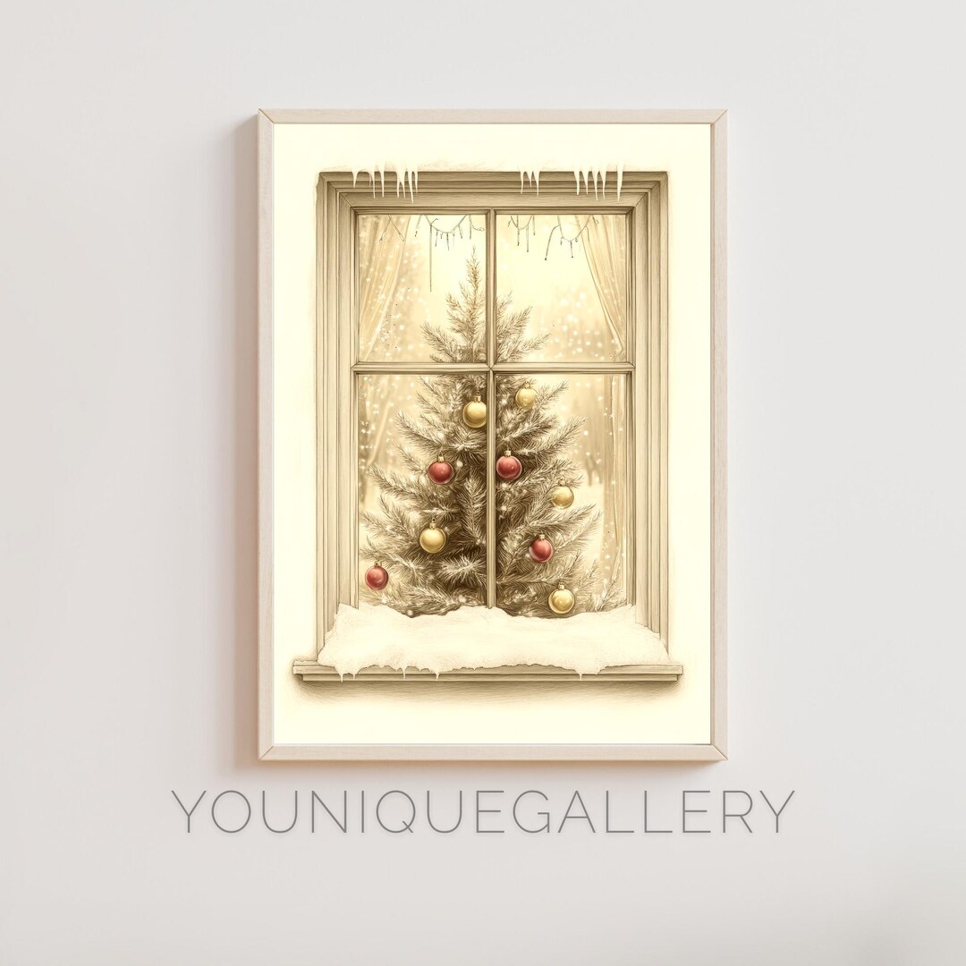 Vintage Christmas Tree Window Art Print: Cozy Holiday Decor (digital ...