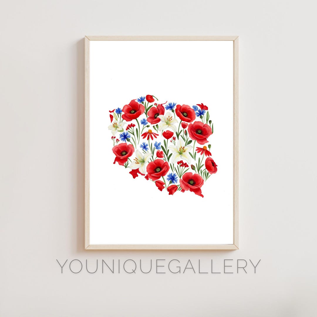 Poland Floral Map Printable Painting, Watercolor Red Poppy Mak Art ...