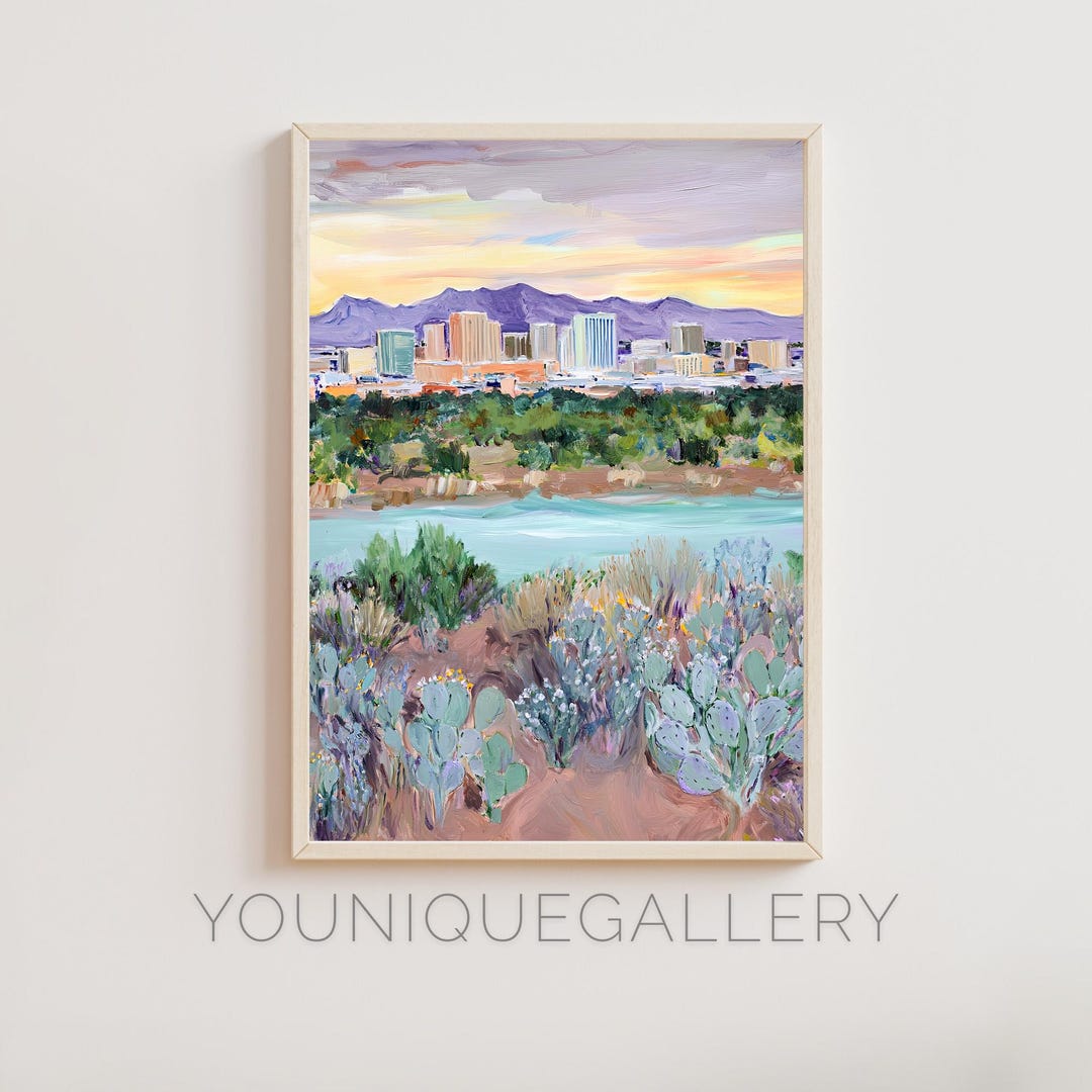 Albuquerque New Mexico Oil Painting: Desert Mountain Cactus Print ...