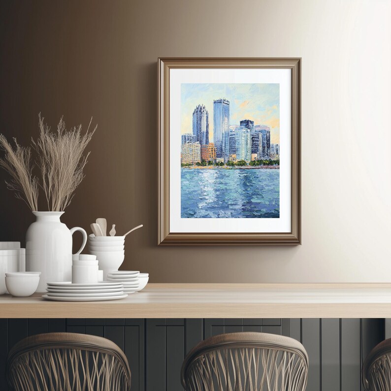 Detroit Michigan Oil Painting Printable Wall Art, Riverfront Skyline ...